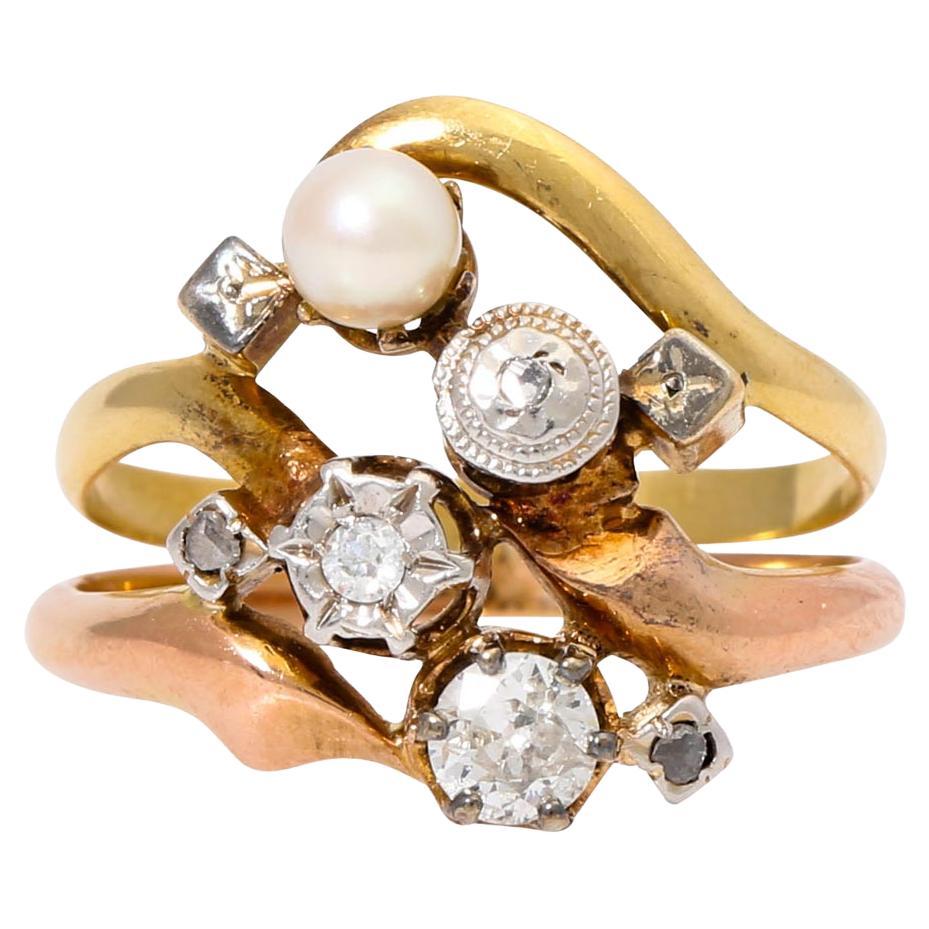 Ring with Pearl and 3 Diamonds For Sale at 1stDibs