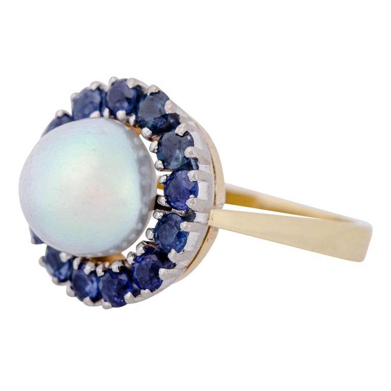 Ring with Pearl Surrounded by Fine Sapphires Total Approx. 1.1 Ct, For ...