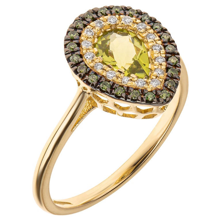 Ring Yellow Gold 18Kt Pear Shape with Peridot and Blue brilliant cut ...