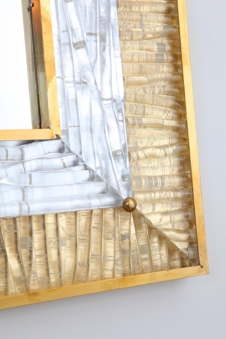 Ripple Mirror, Ribbed Murano Glass in Gold and Clear on a Natural Brass ...