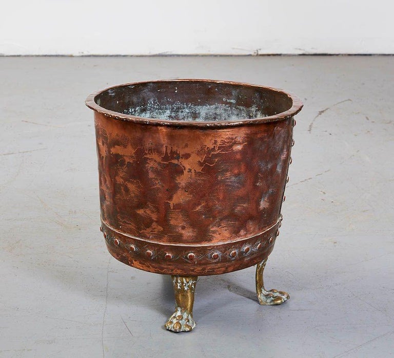 Riveted Copper Log Bin with Brass Paw Feet For Sale at 1stDibs