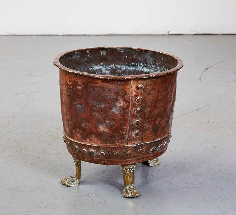 Riveted Copper Log Bin with Brass Paw Feet For Sale at 1stDibs
