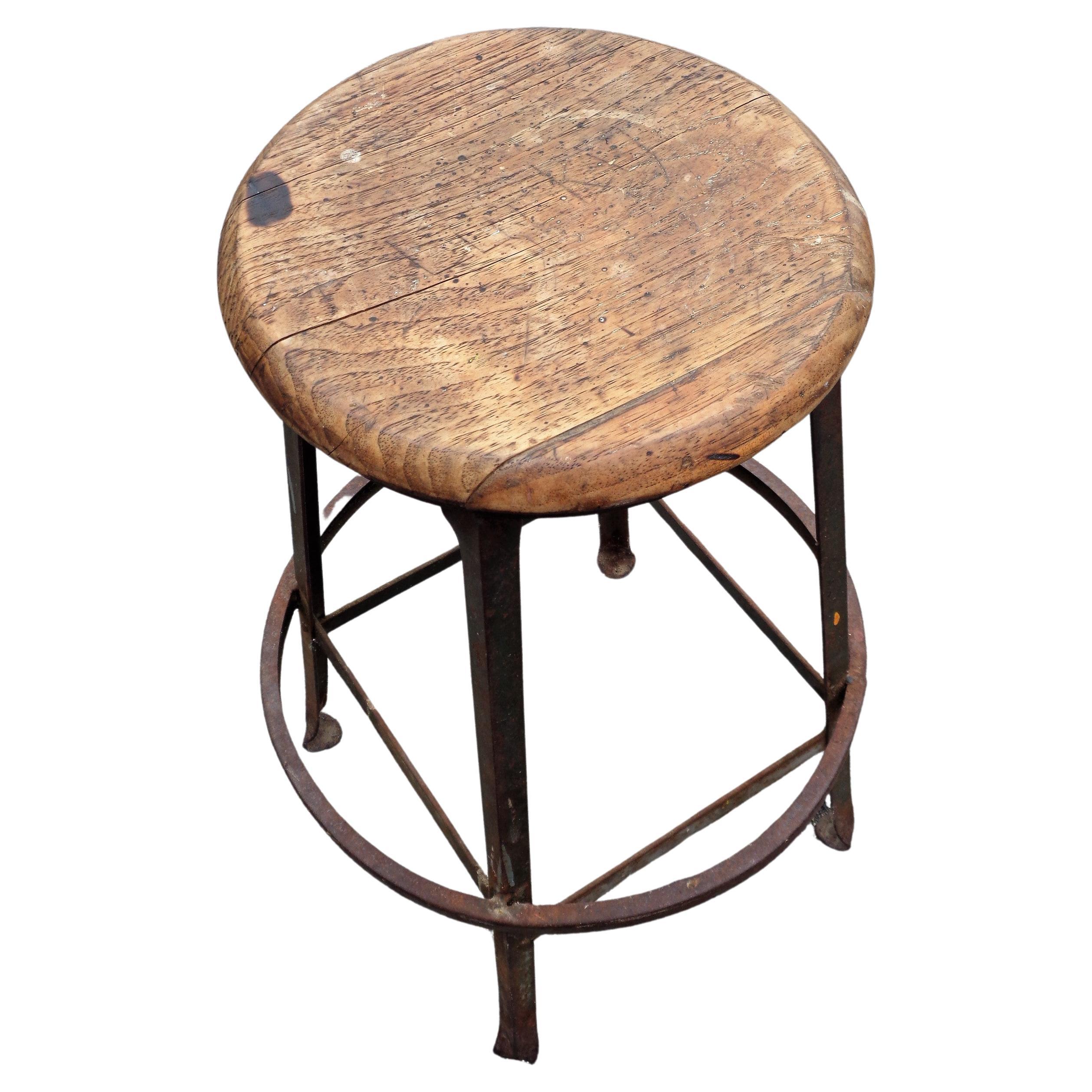 Riveted Steel Industrial Stool w/ Oak Seat For Sale at 1stDibs