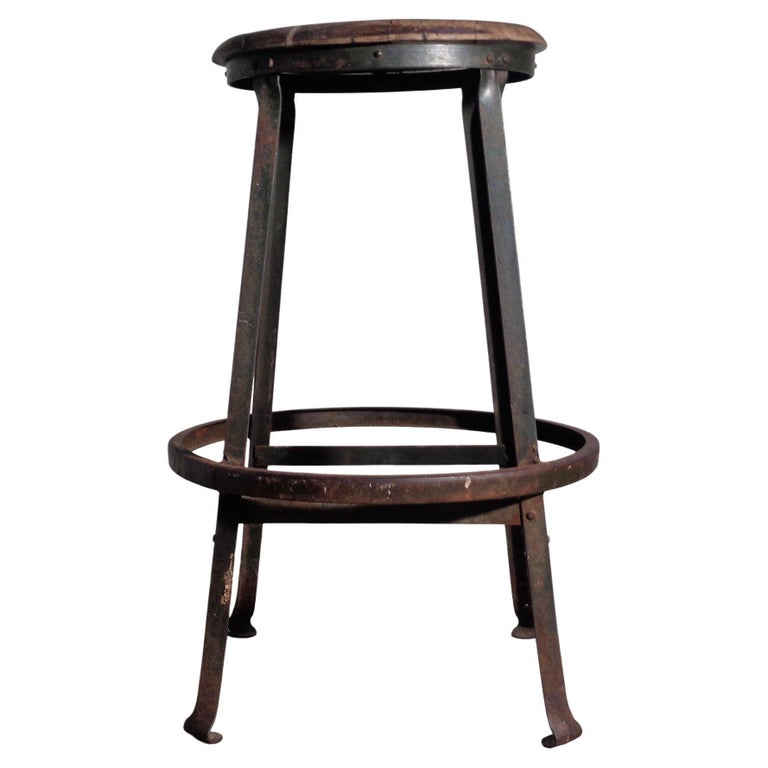 Riveted Steel Industrial Stool w/ Oak Seat For Sale at 1stDibs