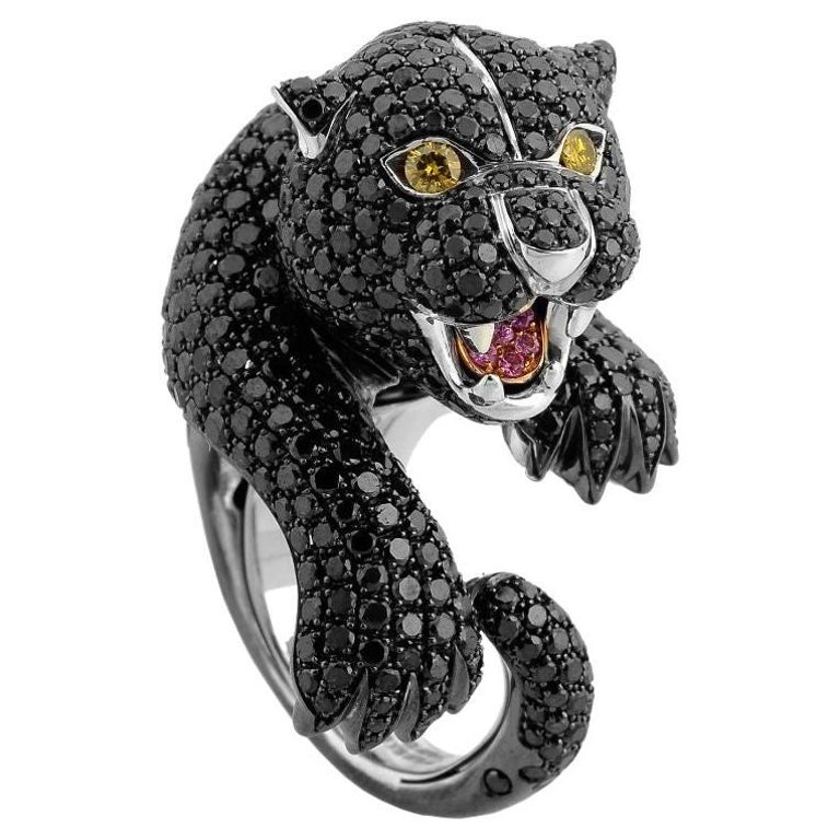 Roaring Black Diamond Yellow Diamond and Pink Sapphires Panther Ring ...