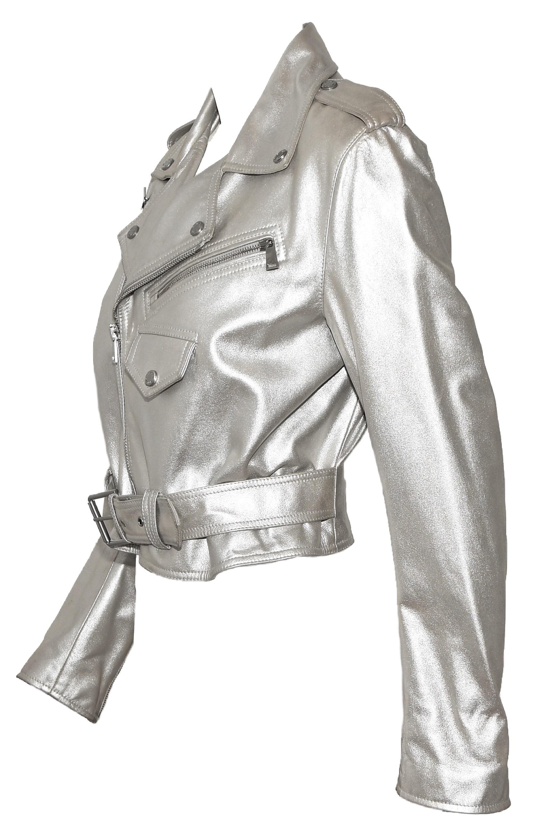 Roaring Ralph Lauren Silver Tone Metallic Leather Motorcycle Jacket at ...