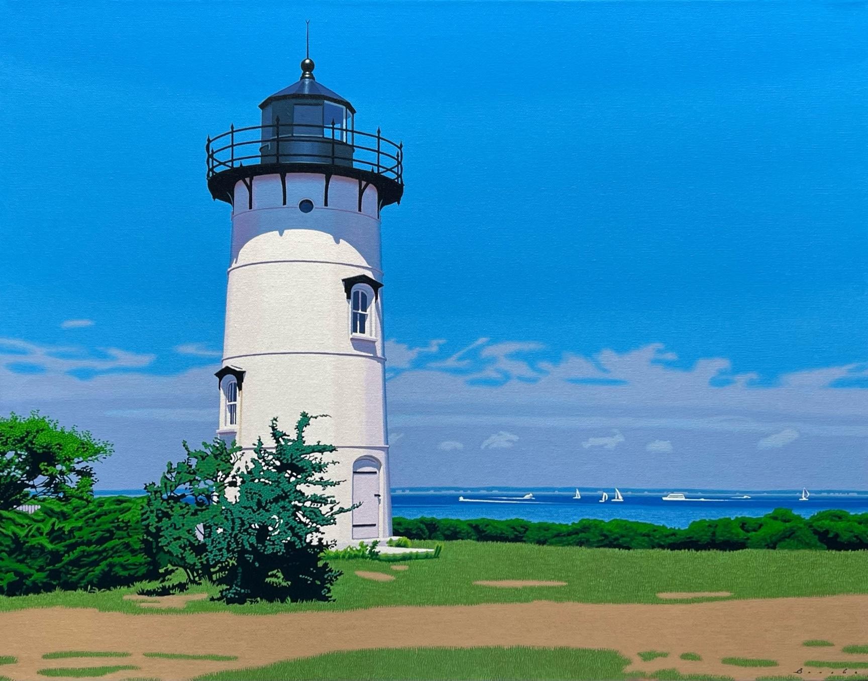 Rob Brooks - "East Chop" photorealist oil painting of a white lighthouse with blue sky, boats ...
