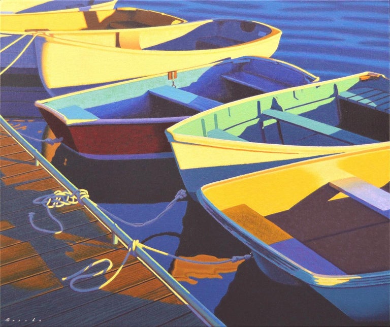 Rob Brooks - ""Skiffs" oil painting of colorful row boats lined up at a ...