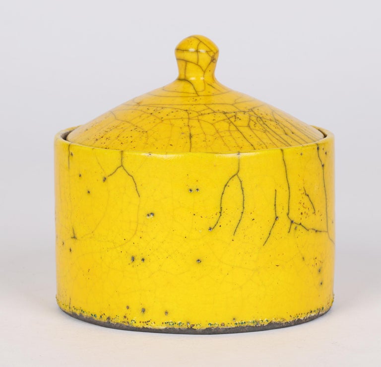 Rob Hand Yellow Raku Fired Studio Pottery Lidded Pot For Sale at 1stDibs