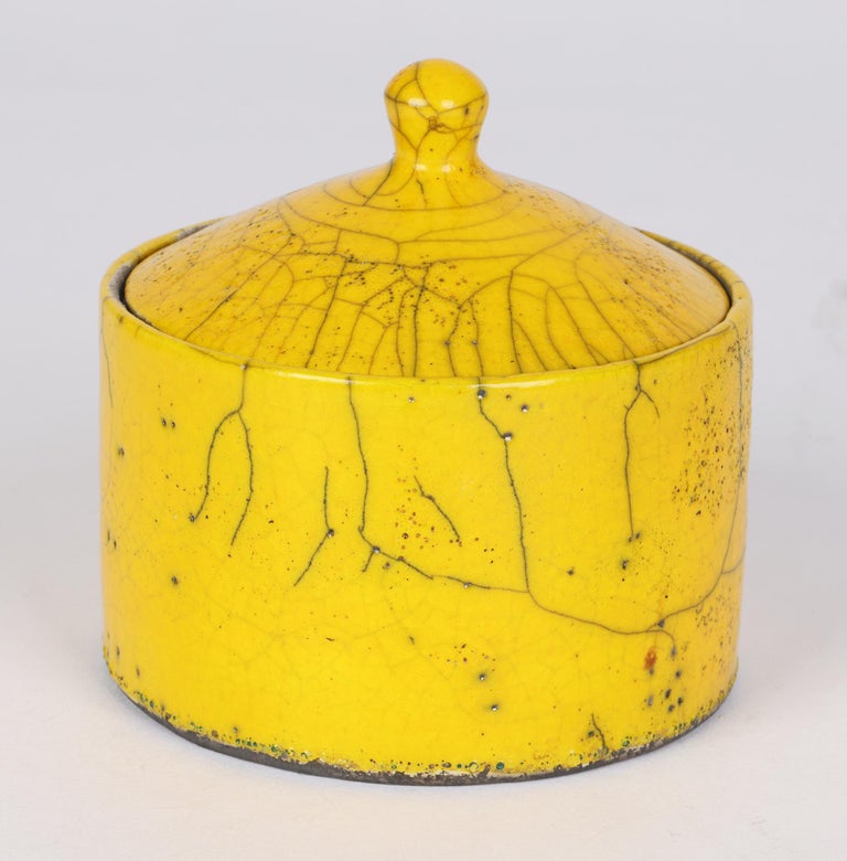 Rob Hand Yellow Raku Fired Studio Pottery Lidded Pot For Sale at 1stDibs