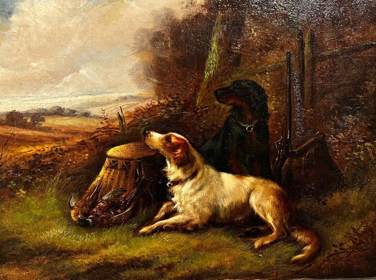 Robert Cleminson - Antique British Sporting Art Oil Painting Hunting Dogs Waiting for their ...