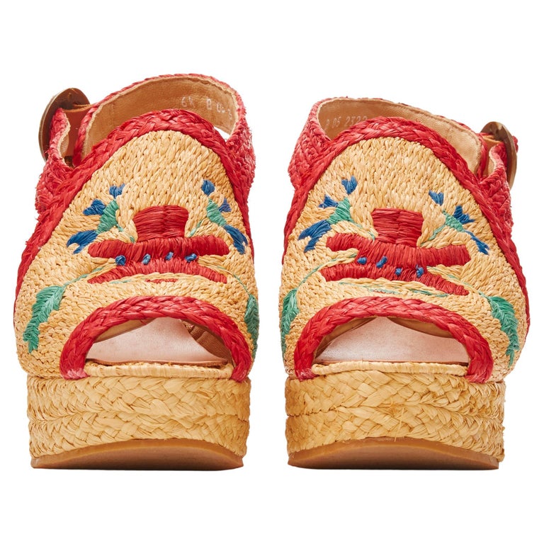 ROBERT CLERGERIE Waya brown red straw raffia espadrille platform wedge ...