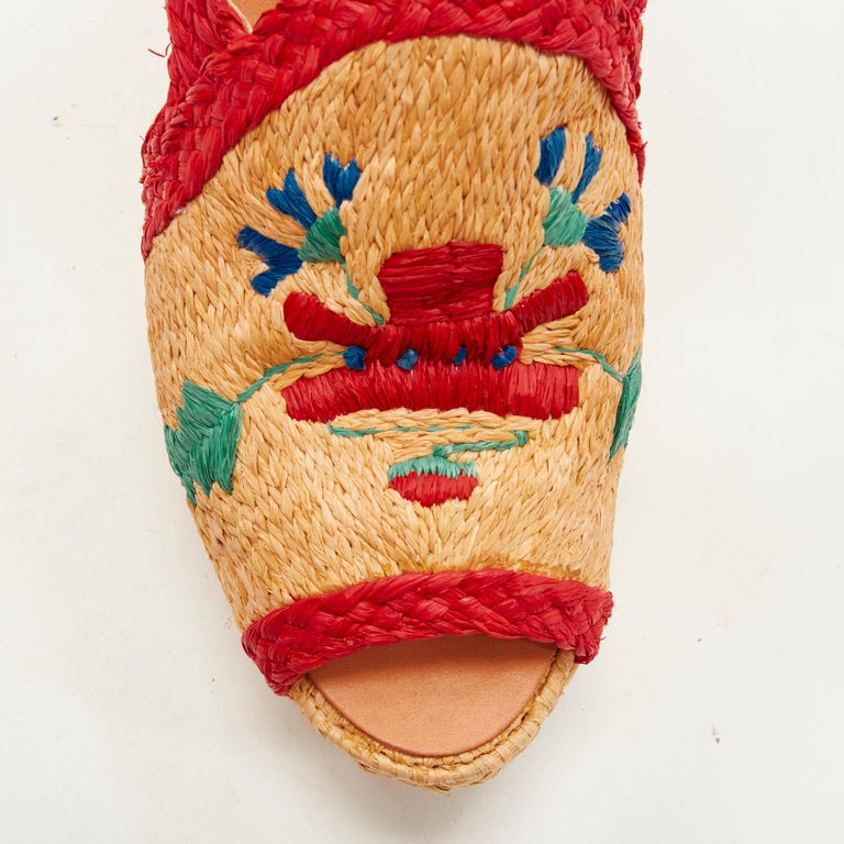 ROBERT CLERGERIE Waya brown red straw raffia espadrille platform wedge ...