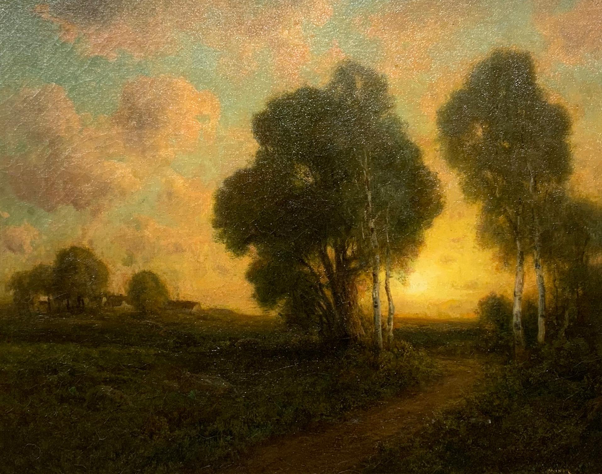 Robert Crannell Minor - Evening Sky, Tonalist Landscape Sunset Painting in Barbizon Style at ...