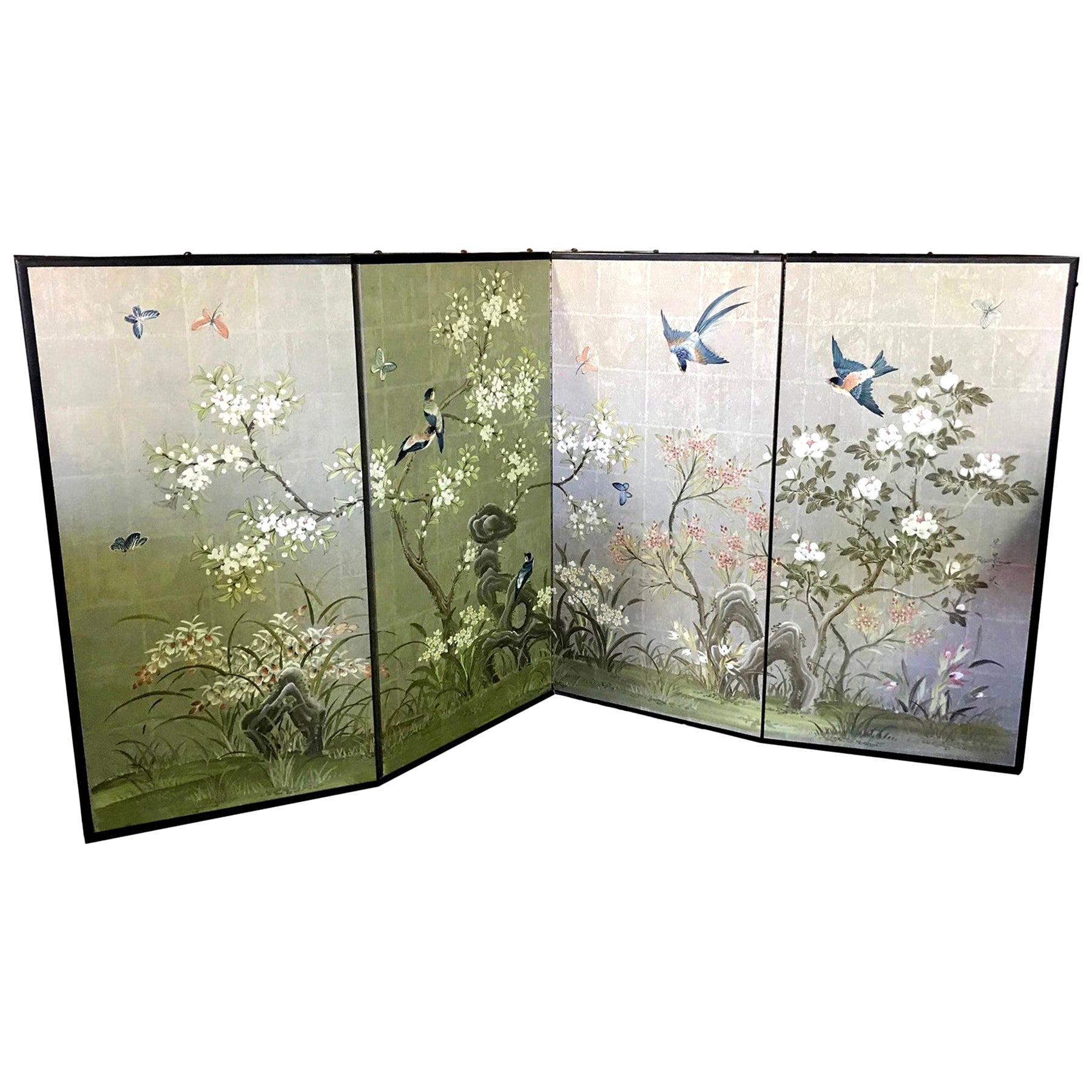 Japanese Four Panel Bamboo and Bird Landscape Screen at 1stDibs