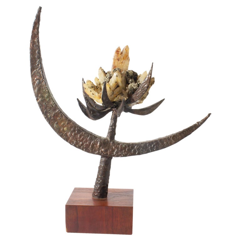 Robert Fillous Signed Metal Crescent Moon and Crystal Sculpture For ...