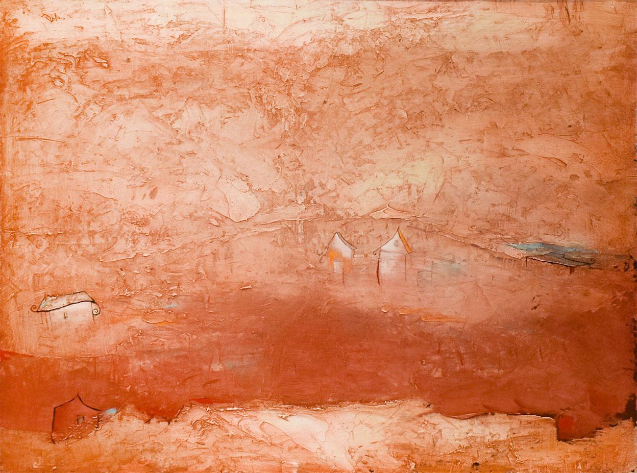 Robert Hite - Brother Brother (Abstract Painting of Homes in a Sienna ...