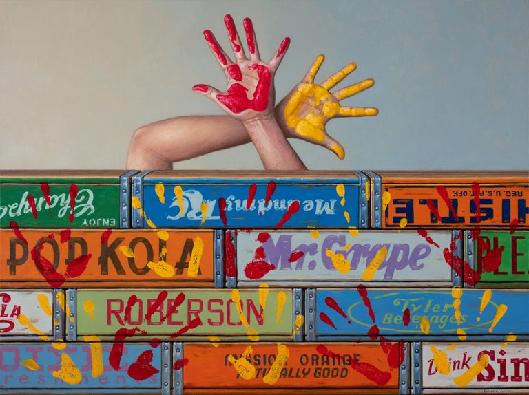 Robert Jackson - HANDIWORK, still life soda crates, blue, orange, hands ...