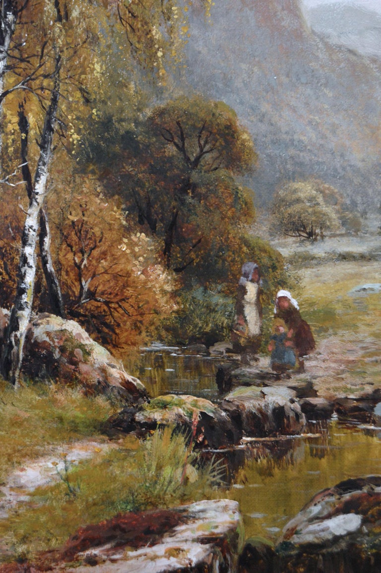 Robert John Hammond - 19th Century river landscape oil painting of figures crossing stepping ...