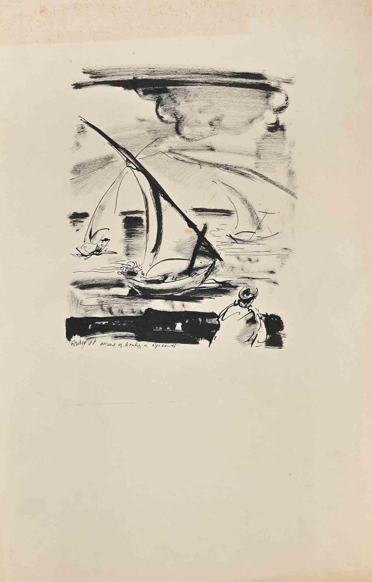 Robert Naly - Boat - Original Ink Drawing by Robert Naly - Mid 20th ...