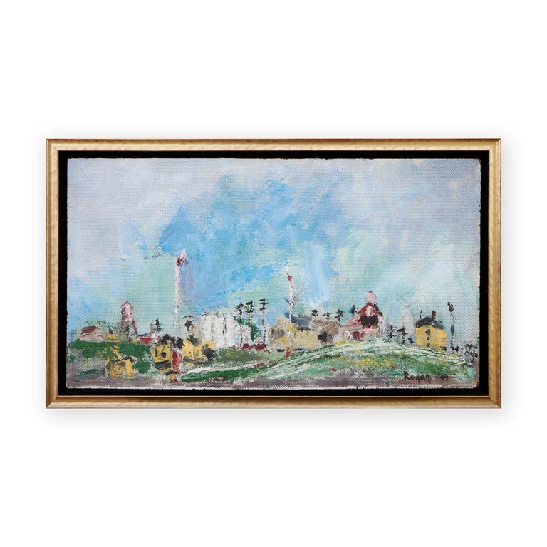 Robert Rogan - "Railroad Stop" Sky Blue-Toned Impressionist Painting of ...
