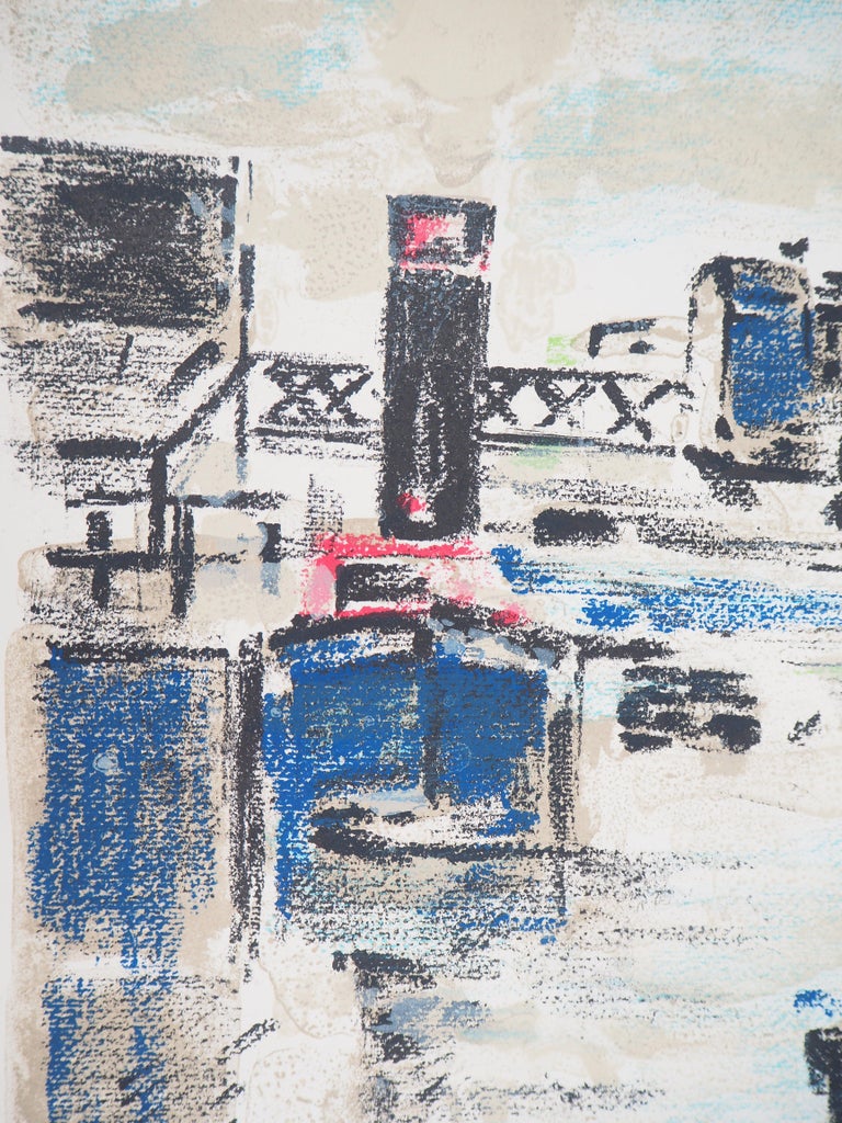 Robert Savary - Paris : Houseboats on Seine River - Original Lithograph ...