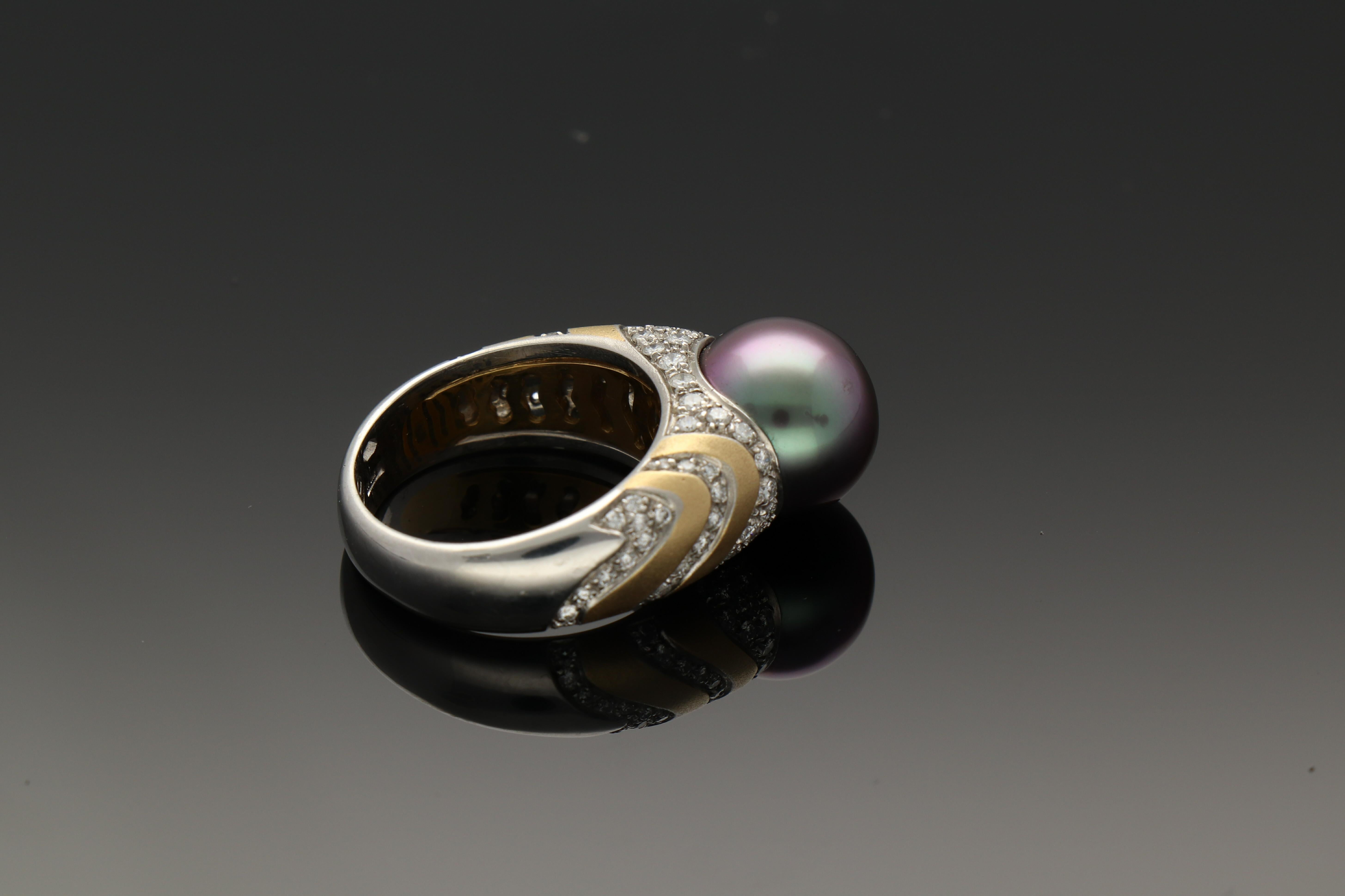 Robert Wan Peacock Tahitian Cultured Pearl Diamonds Platinum Gold Ring ...