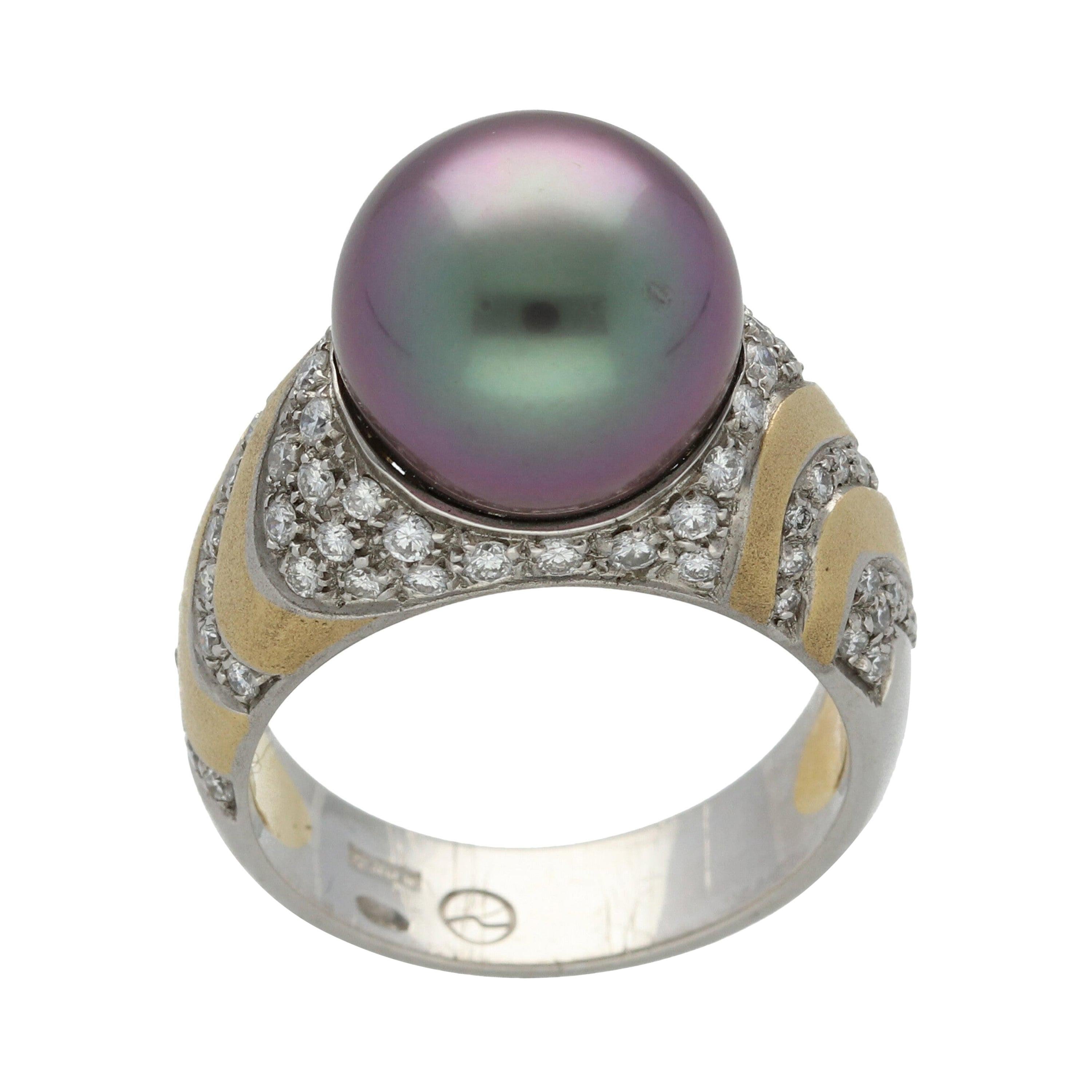 Robert Wan Peacock Tahitian Cultured Pearl Diamonds Platinum Gold Ring ...