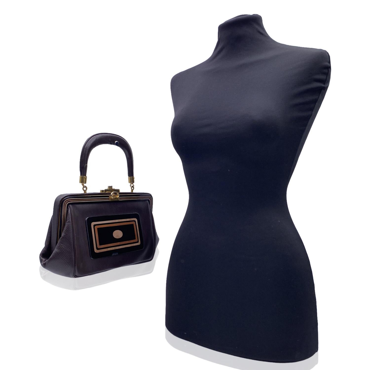 Roberta Di Camerino Vintage Brown Leather Front Enameled Handbag at 1stDibs