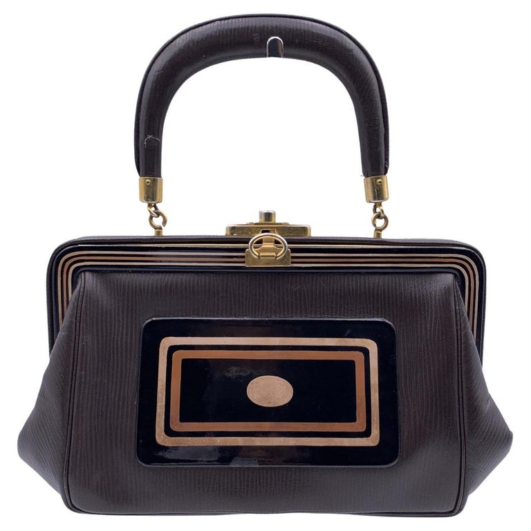 Roberta Di Camerino Vintage Brown Leather Front Enameled Handbag For ...