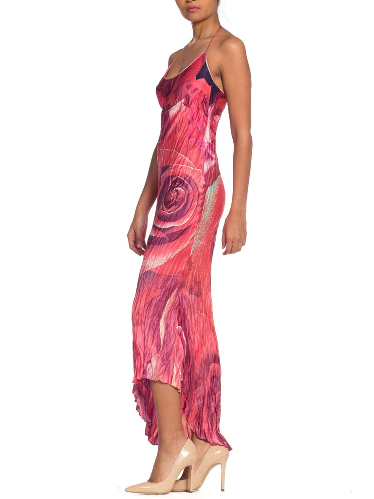 Roberto Cavalli 1990s Red Rose Printed Bias Silk Dress at 1stDibs