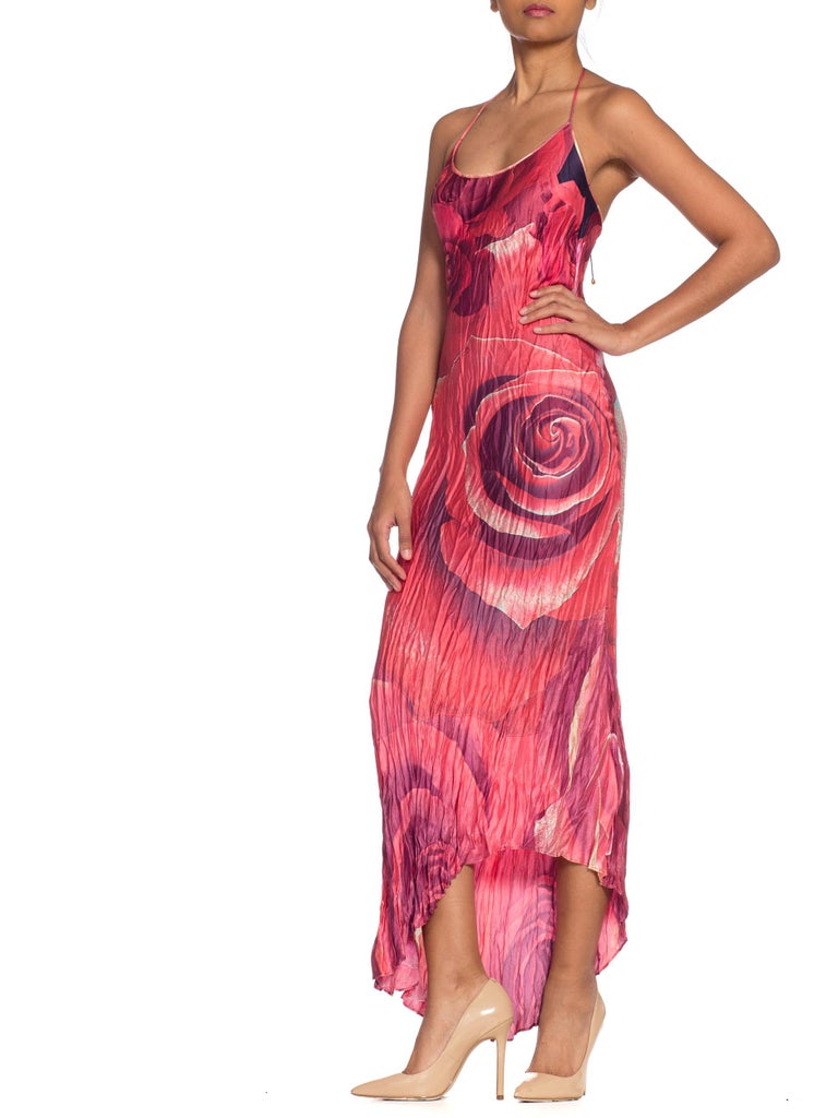 Roberto Cavalli 1990s Red Rose Printed Bias Silk Dress at 1stDibs