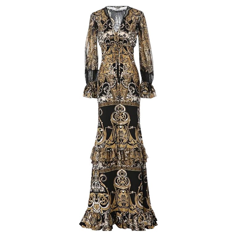 ROBERTO CAVALLI BLACK BAROQUE PRINTED CHIFFON LONG DRESS Sz IT 38 For ...