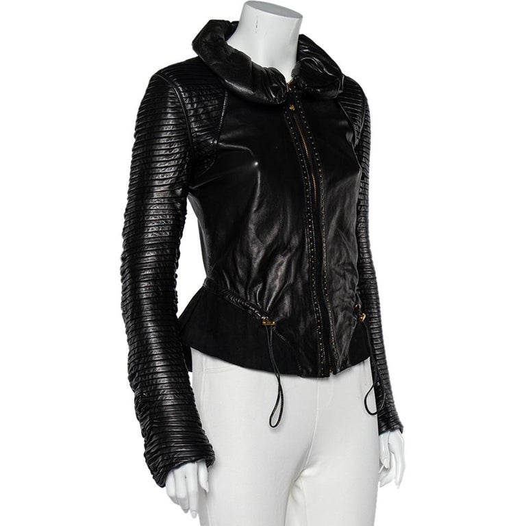 Roberto Cavalli Black Leather Suede Pleated Sleeve Detail Ruffled ...