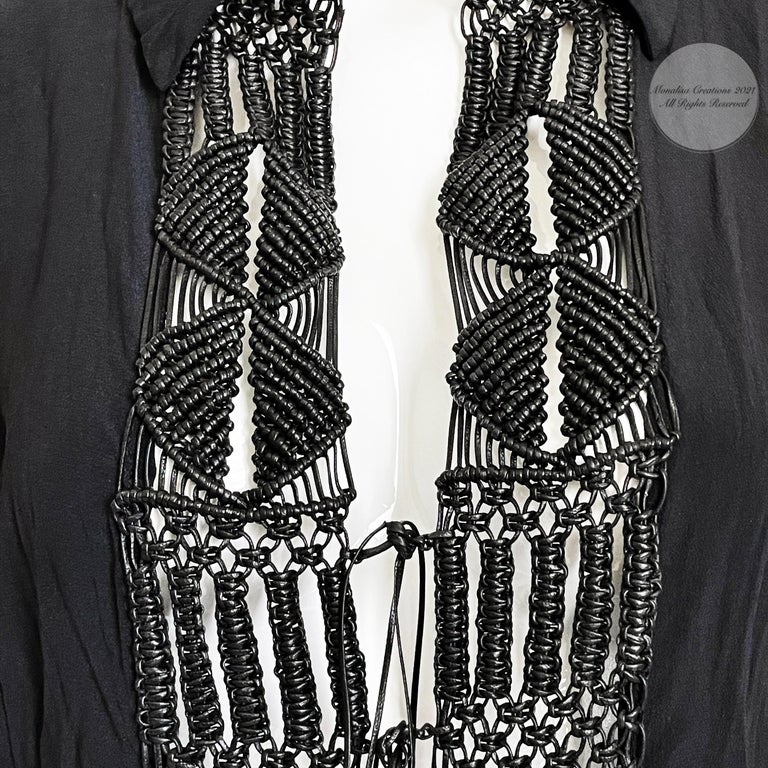Roberto Cavalli Black Silk Blouse with Leather Macrame Detailing Size S ...