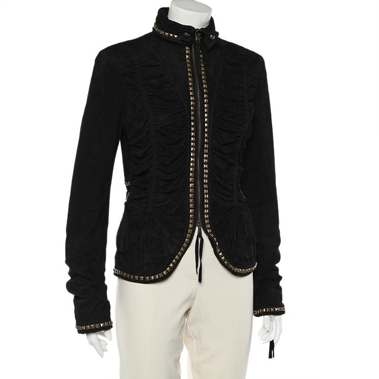 Roberto Cavalli Black Studded Suede Zip Front Ruched Jacket M For Sale ...