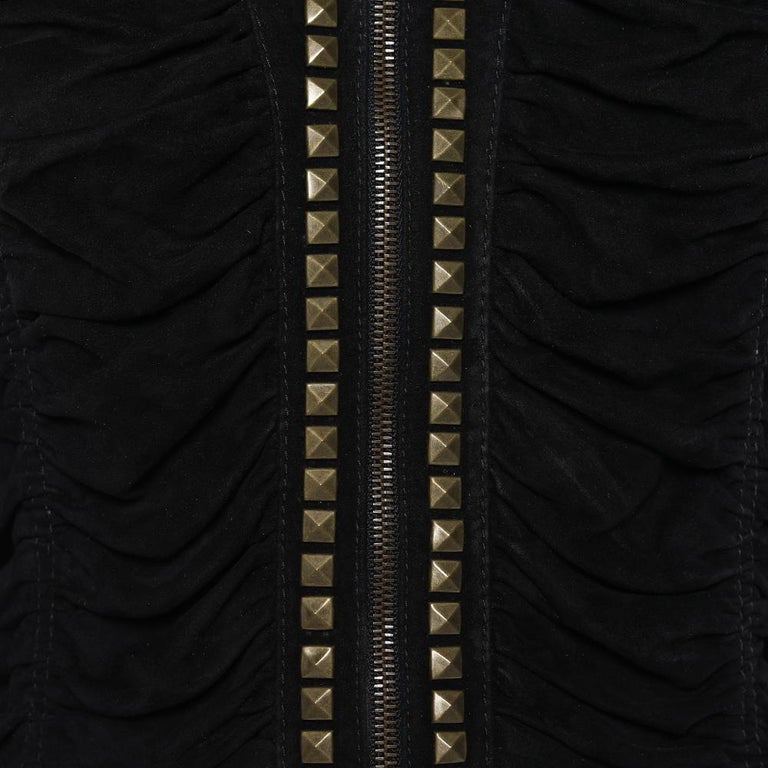 Roberto Cavalli Black Studded Suede Zip Front Ruched Jacket M For Sale ...
