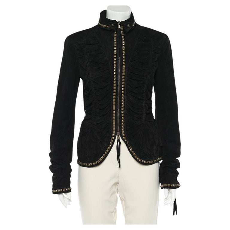 Roberto Cavalli Black Studded Suede Zip Front Ruched Jacket M For Sale ...