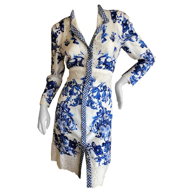 Roberto Cavalli Blue and White Delft China Trade Pattern Silk Eyelet ...