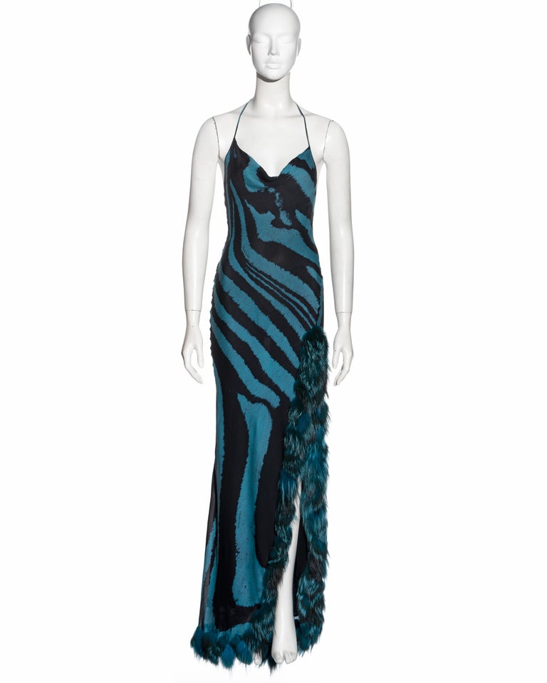Roberto Cavalli blue tiger print silk evening dress with fox fur stole ...