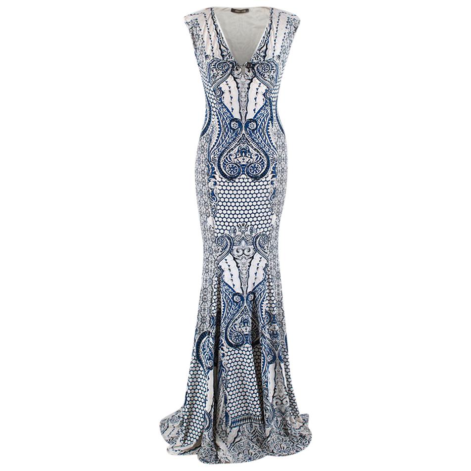 ROBERTO CAVALLI Blue Devoré-velvet Gown at 1stDibs
