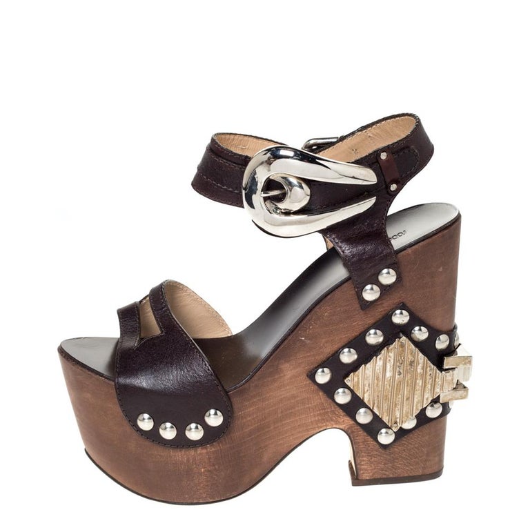 Roberto Cavalli Brown Leather Embellished Buckle Detail Wedge Sandals ...