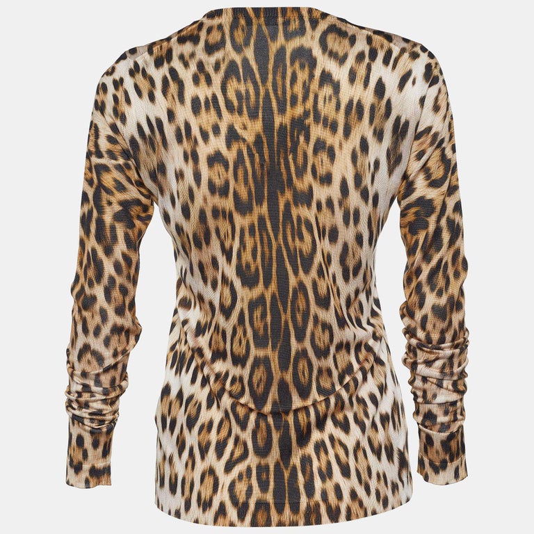 Roberto Cavalli Brown Silk Leopard Print Cardigan S For Sale at 1stDibs