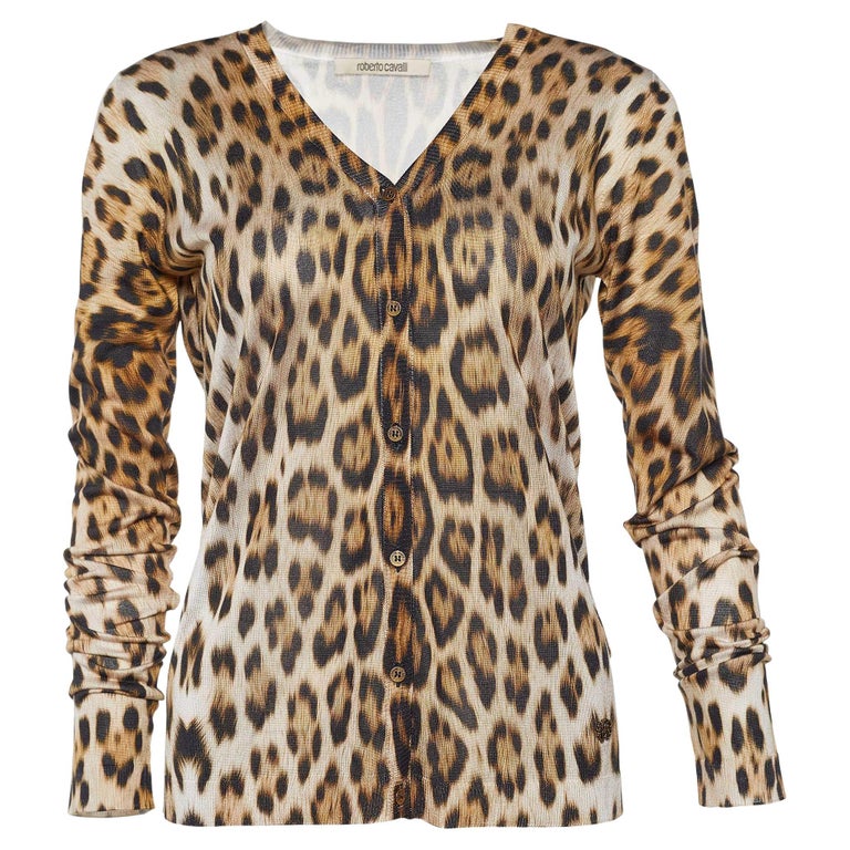 Roberto Cavalli Brown Silk Leopard Print Cardigan S For Sale at 1stDibs