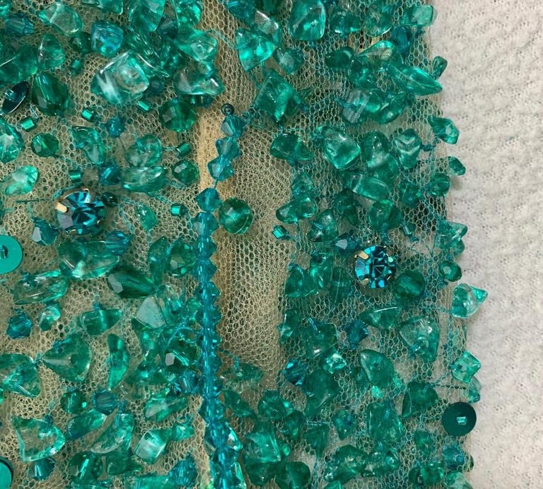 Roberto Cavalli Couture Sheer Nude Mesh Green Beaded Bodysuit Gown
