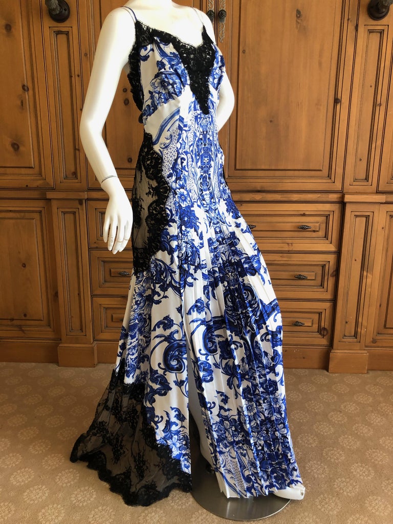 Roberto Cavalli Delft Porcelain Pattern Silk Lace Insert Evening Dress ...