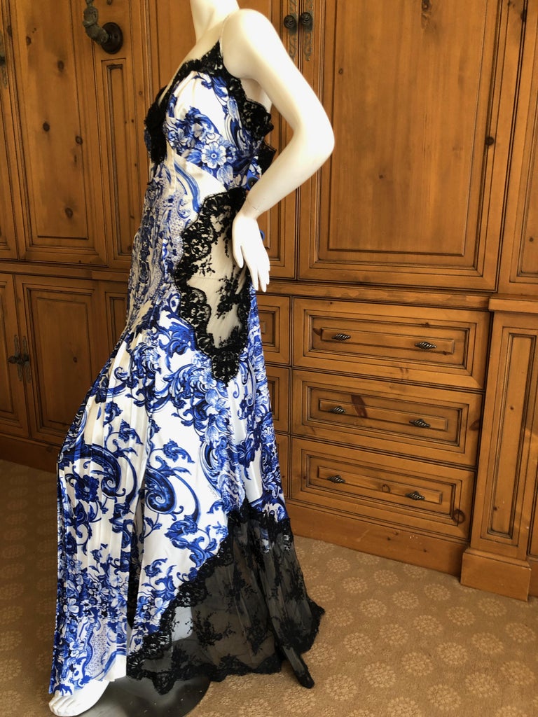 Roberto Cavalli Delft Porcelain Pattern Silk Lace Insert Evening Dress ...