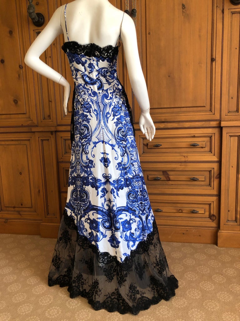 Roberto Cavalli Delft Porcelain Pattern Silk Lace Insert Evening Dress ...