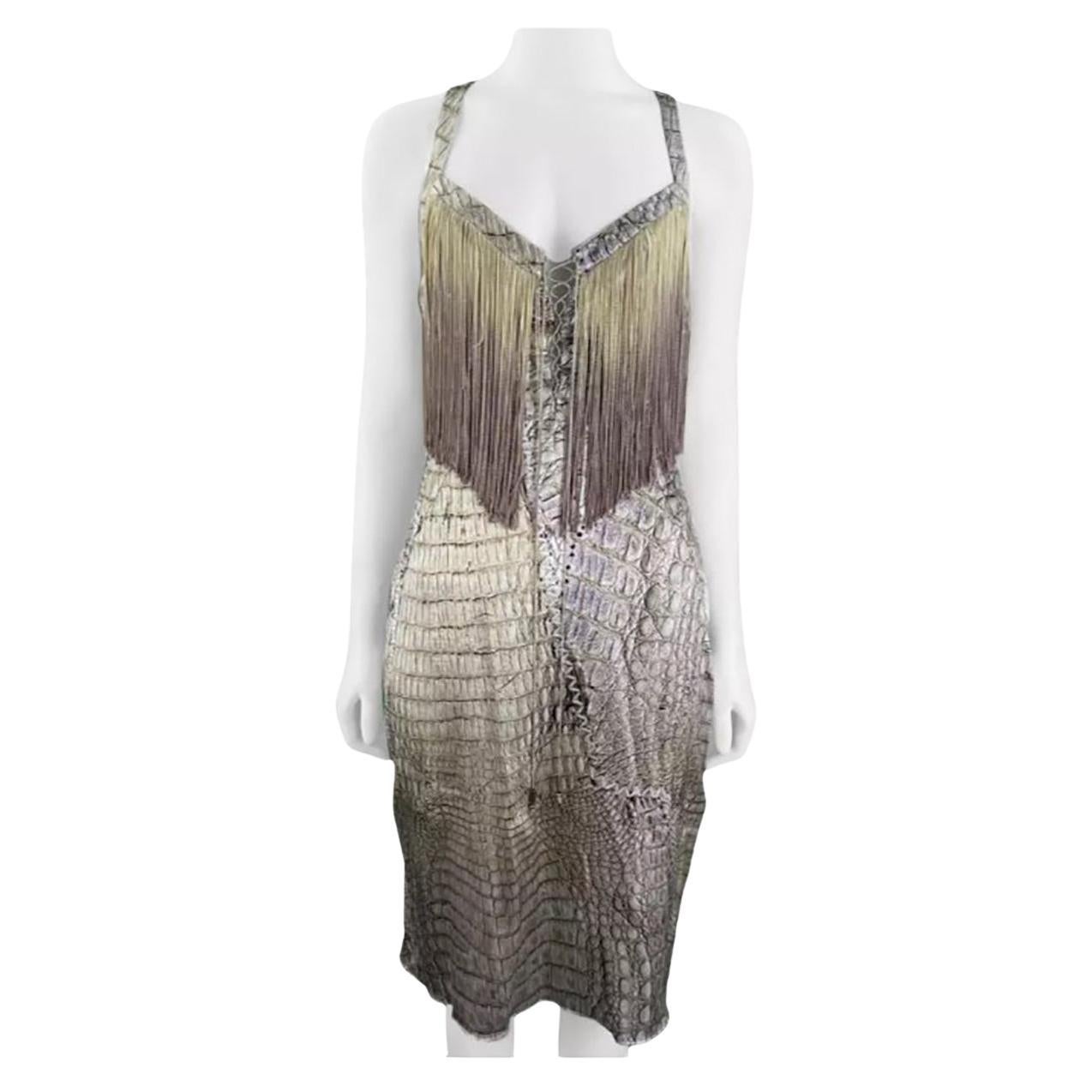 ROBERTO CAVALLI FRINGED PYTHON SILK DRESS It 40 For Sale at 1stDibs