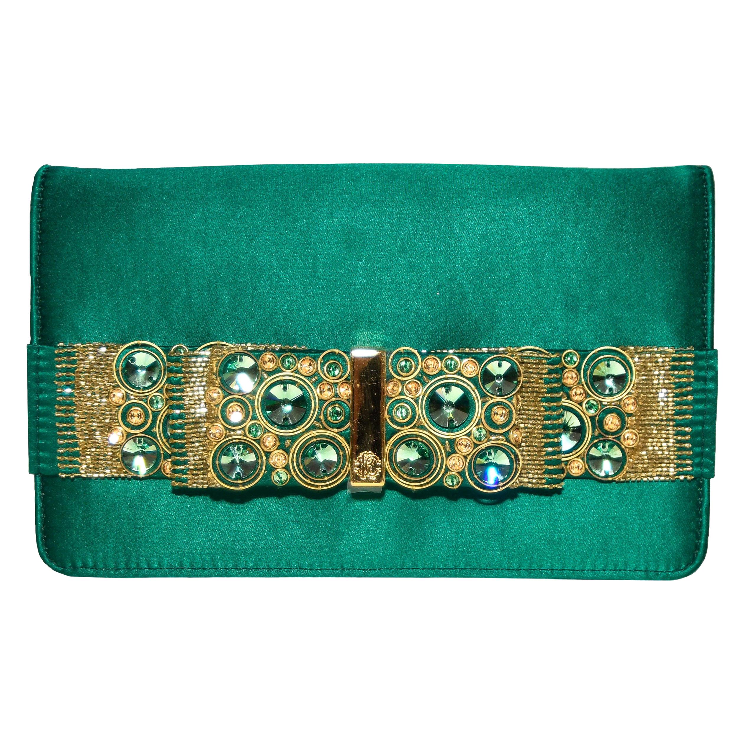 Roberto Cavalli Green Satin Gold Tone and Green Beaded Bow Clutch For ...